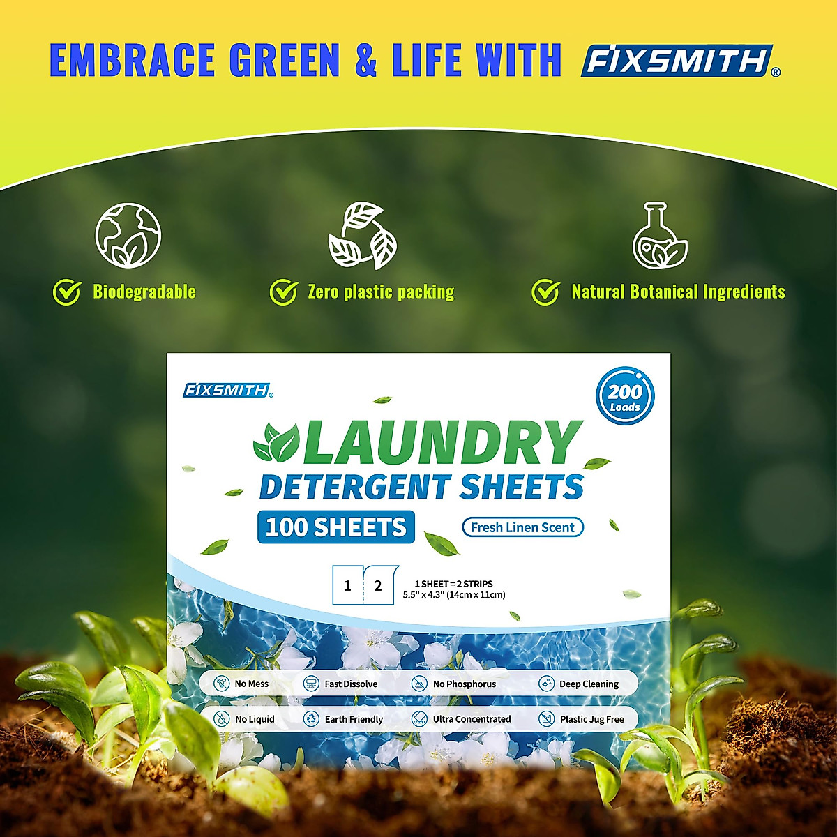 FIXSMITH Laundry Detergent Sheets - 200 Loads (100 Sheets) Fresh Linen Scent - Hypoallergenic,Eco Friendly Laundry Detergent Strips Ultra-Concentrated Travel Detergent Sheets.Plastic-Free,Liquidless