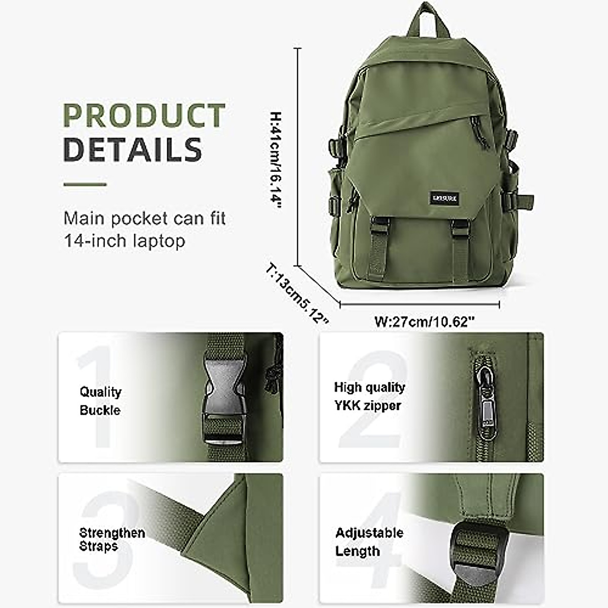 KEYEMP Casual Daypack Cute School Backpacks for Men Women Lightweight Durable Bookbag for High Middle School, Fashion Travel Bag, Gift,Olive Green