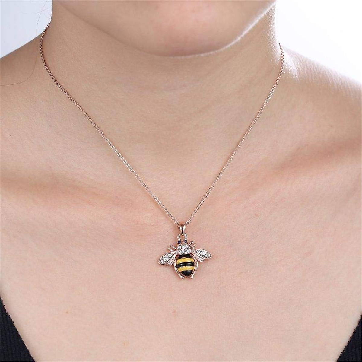 Figaro Design Elegent Crystal Yellow Little Bee Colored Glaze Drip Honey Bee Little Bumblebee Pendant Necklace