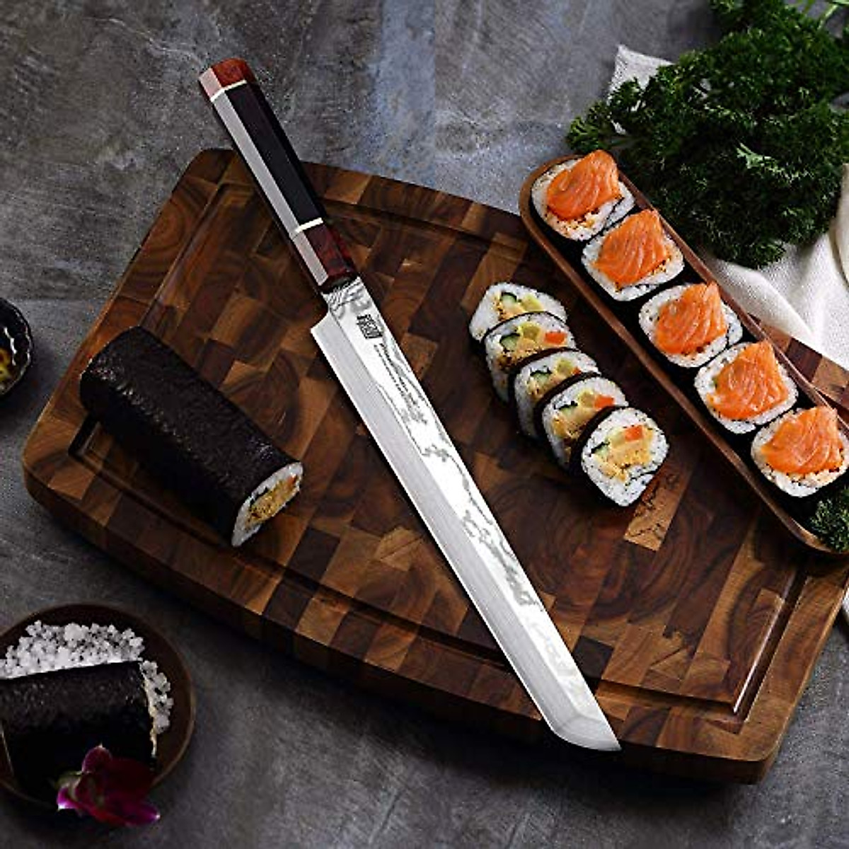 FINDKING Prestige Series Sakimaru Knife with Walnut Cover, Japanese SKD11 Damascus Steel Blade, Ebony Wood Octagonal Handle, Professional Sashimi Sushi Fish Knife (10.5 Inches, with Wooden Gift Box)