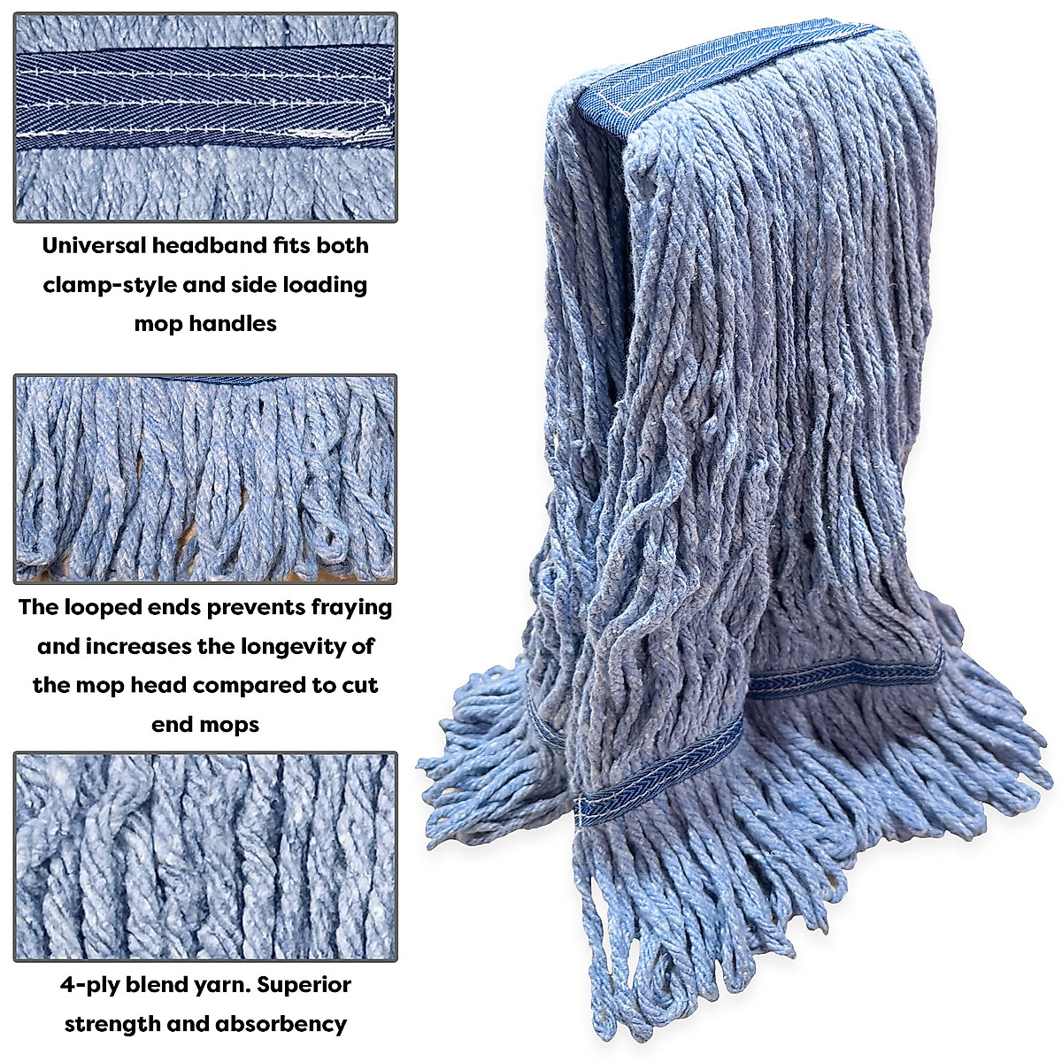 GSD Brand Blue Commercial Mop Head Replacement. Looped End Prevents Tangling and Twisting. Industrial Mop Heads. Synthetic Cotton Blend for Maximum Absorption. Wide Universal Headband. 3 Pack