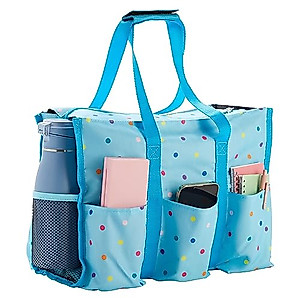 Juvale Large Utility Tote Bag with Pockets, Compartments, and Zip Top for Teachers, Nurses, Crafts, Travel Organization (Light Blue, 14.5 x 10.5 x 6 In)