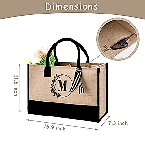Yougeigy Initial Canvas Beach Bag, Canvas Tote Bag with Zipper Pocket, Embroidery Monogrammed Personalized Gift Bag for Mother Teacher, Bridesmaid Gifts for Women Friends(Letter M)