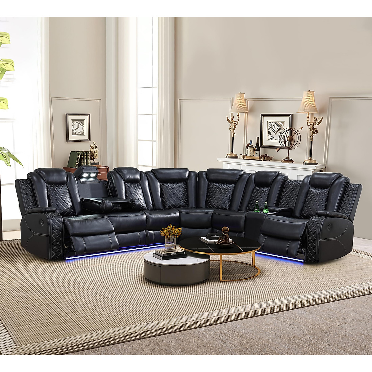 Power Recliner Sectional Sofa with LED, Breathing Leather Power Reclining Sofa Set, Sectional Reclining Couch with USB Port/Cup Holder/Storage for Living Room (Black)