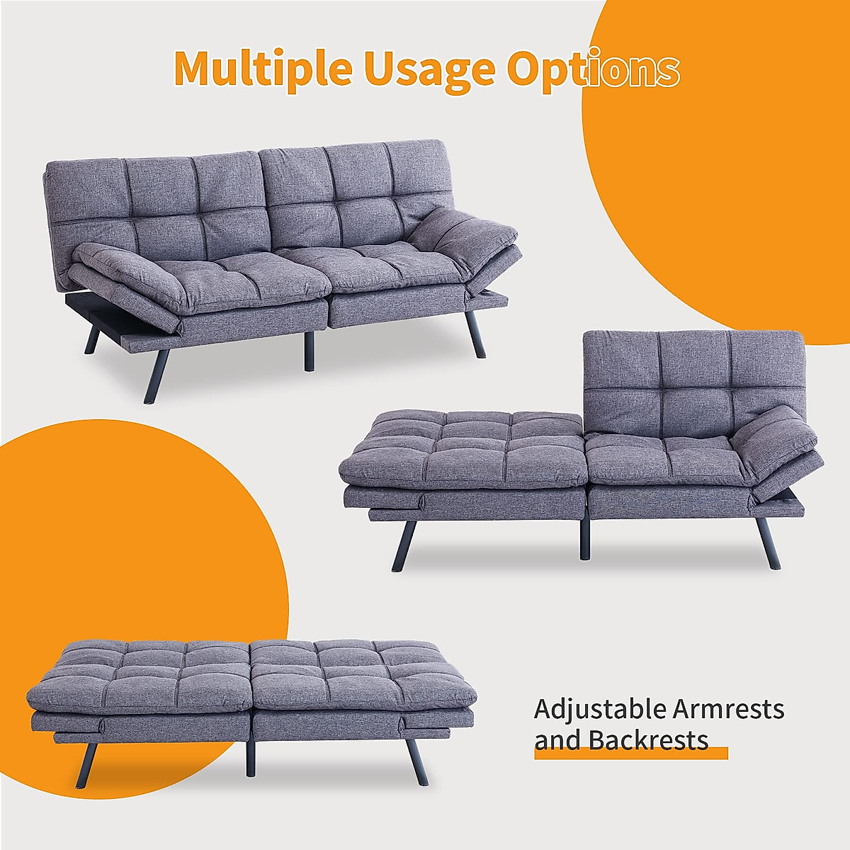 Hcore Convertible Bed Grey Fabric Memory Foam Loveseat Futons Couch,Small Euro Lounger Sofa for Compact Living Spaces,Apartment,Dorm,Studio,Guest Room, Home Office, Flax Gray