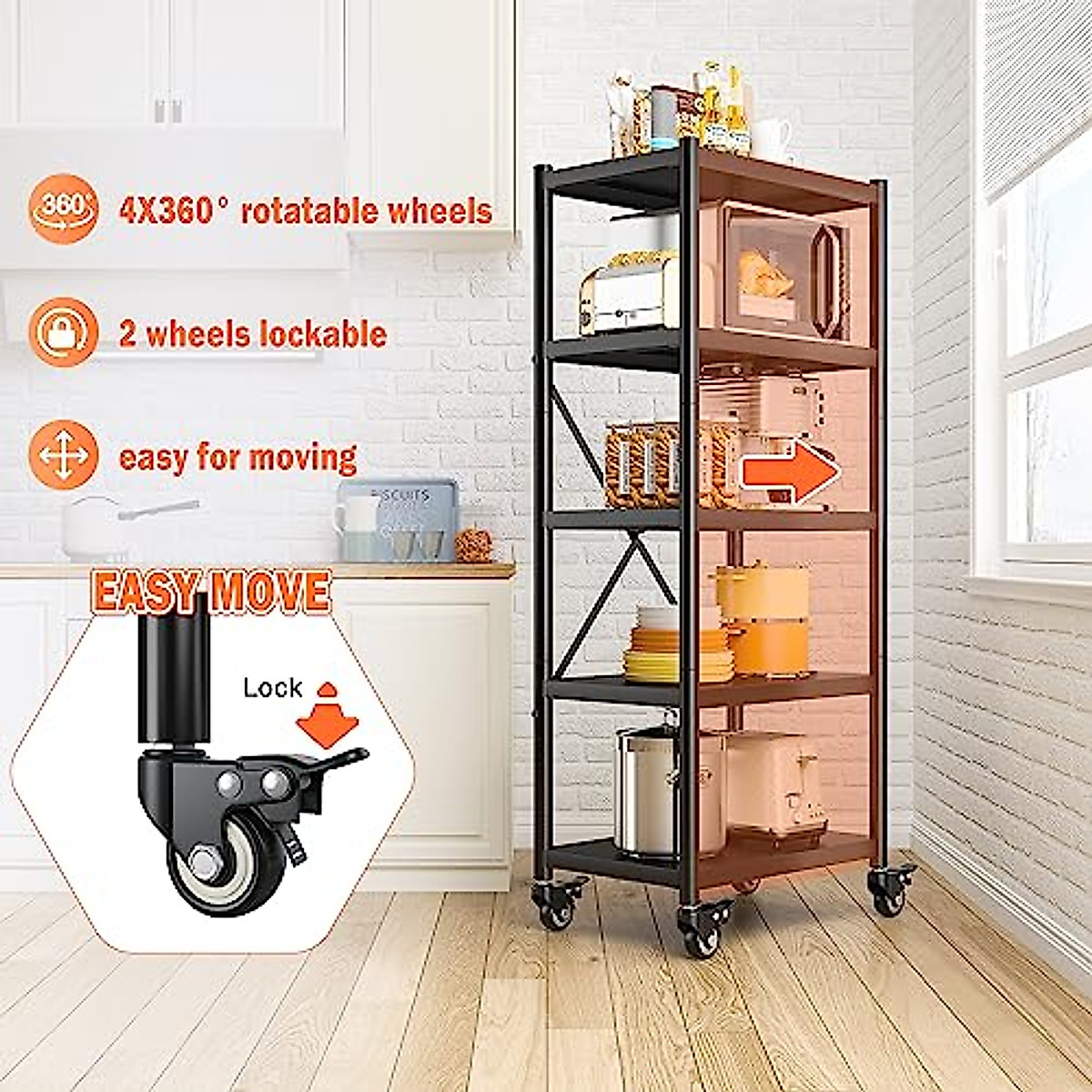 REIBII Storage Shelves for Storage with Wheels 1160LBS Heavy Duty Metal Shelving Unit Rolling Adjustable 5-Tier Pantry Shelves Kitchen Shelves Garage Shelving Utility (1)