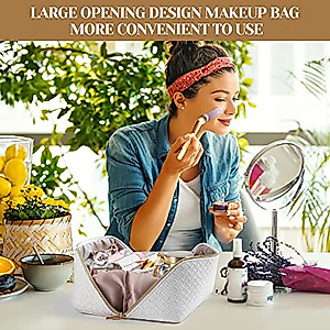 SFXULIX Large Capacity Travel Cosmetic Bag - Makeup Bag, PU Leather Waterproof Cosmetic Bag, Women Portable Travel Makeup Bag With Handle and Divider Flat Lay Makeup Organizer Bag, White