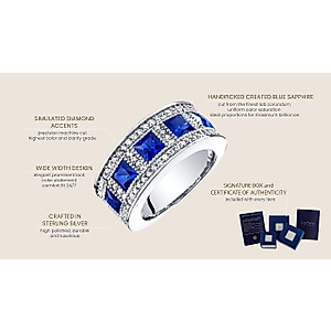 PEORA Sterling Silver Princess Cut Created Sapphire Anniversary Ring Band Wide Width 2 Carats Size 7