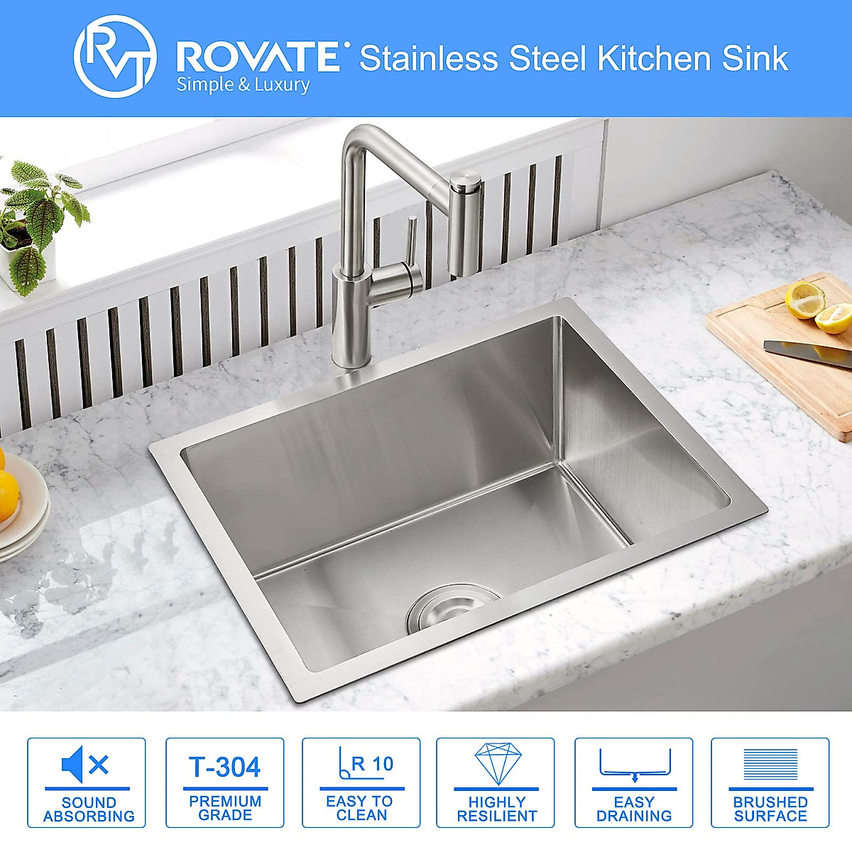 ROVATE 20 inch Kitchen Sink Undermount Singel Bowl, Bar or Kitchen Sink Handmade, 304 Stainless Steel Kitchen Sink with Strainer