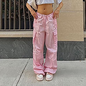 WMZJSZHY Cargo Pants Women Adjustable High Waist Baggy Y2K Trendy Drawstring Parachute Pants Elastic Wide Leg Plus Size Jogger Sweatpants with Pockets Hip Hop Downtown Girl Aesthetic Pink L
