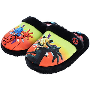 Miraculous Ladybug Girls' Slipper Scuff, Mismatch Ladybug and Cat Noir, Black/Red, Little Kid Size 12/13
