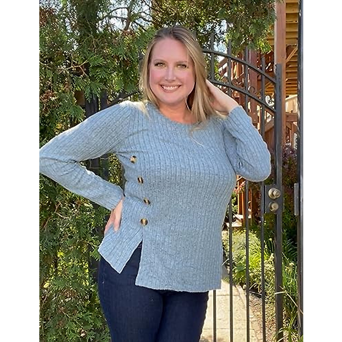 SAMPEEL Blue Tunic Sweaters for Women Fall Long Sleeve Tunic Tops for Women Buttons Side S