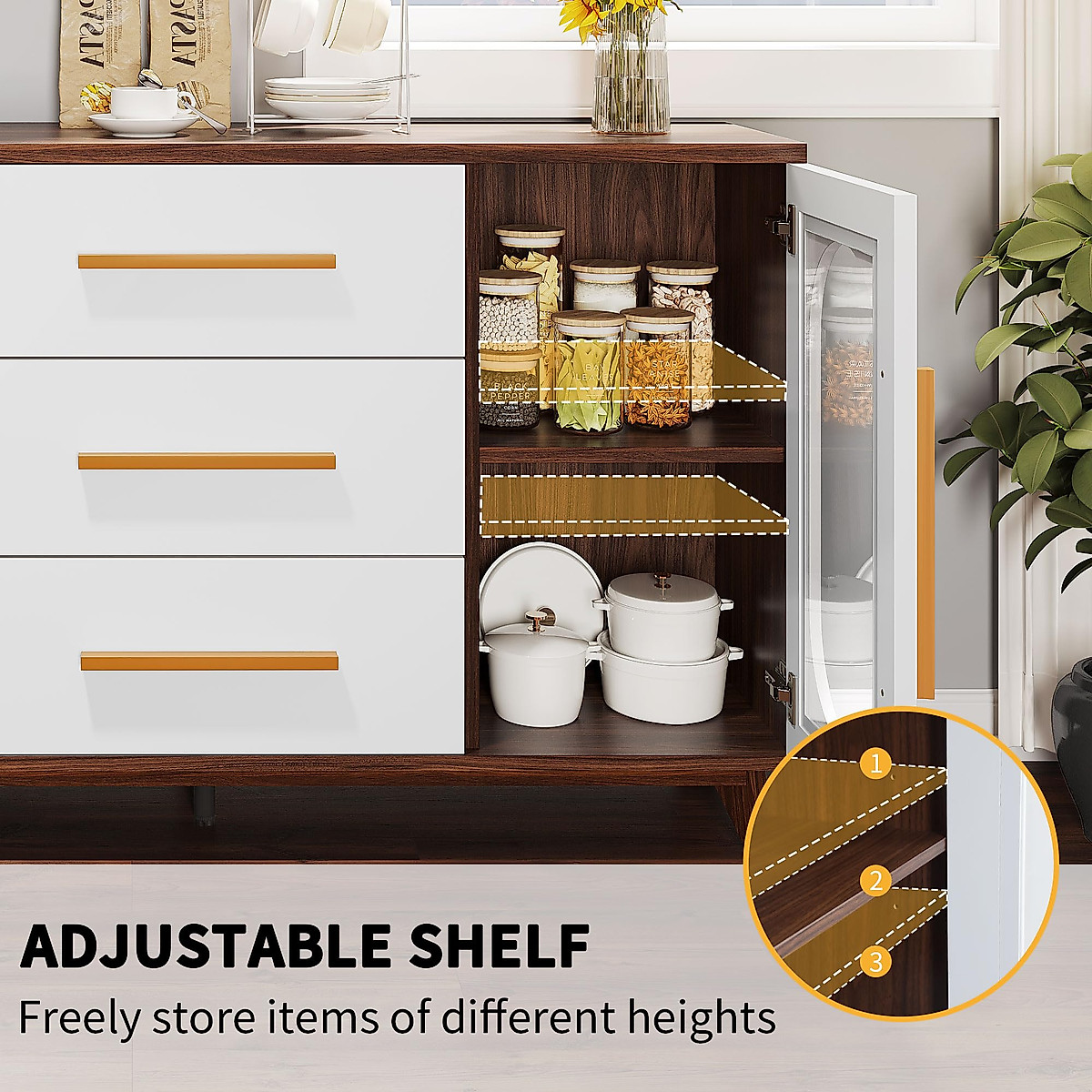 DWVO Storage Cabinet, 59'' Sideboard Buffet Cabinet with Storage, Coffee Bar Cabinet with 3 Drawers, 2 Glass Doors, Capacity 300 lbs, Credenza for Kitchen, Living Room, White Brown