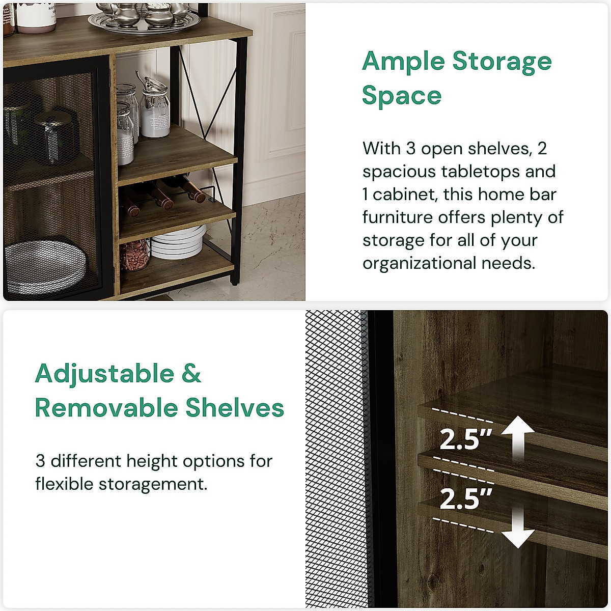 SunsGrove Wine Bar Cabinet with Removable Wine Rack, Coffee Bar Cabinet with Glass Holder, 3 Adjustable Open Shelves, Small Sideboard and Buffet Cabinet with Mesh Door, Wood Color