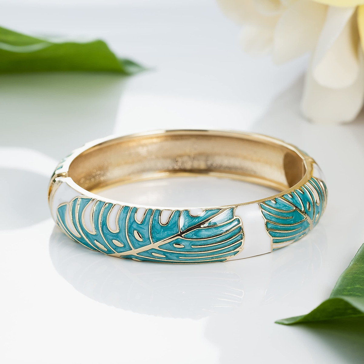 Aloha Jewelry Company Hawaiian Monstera Luau Leaves Hinged Clasp Fashion Enamel Bangle Bracelet (Teal)