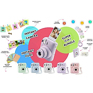 Fujifilm Instax Mini 12 Instant Camera with Case, 20 Fujifilm Prints, Decoration Stickers, Frames, Photo Album and More Accessories (Lilac Purple)