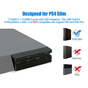ElecGear USB Hub 3.0 for PS4 Slim, USB Extension Adapter Splitter Charging Port (1x USB3.0 and 3X USB2.0) with LED for Playstation 4 Slim CUH-2xxx