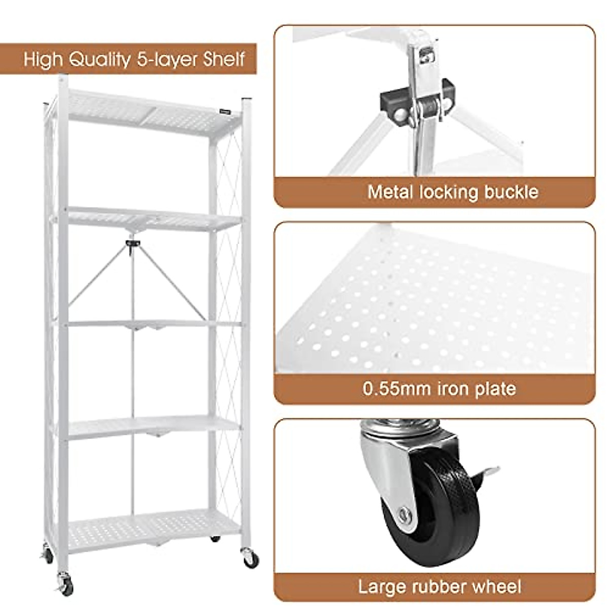 ALANNG 5 Tier Storage Shelves Heavy Duty on Wheels, Foldable Metal Shelving Units 11.1" D x 24.2" W x 59" H for Garage Kitchen Bakers, No Assembly Organizer Rack White