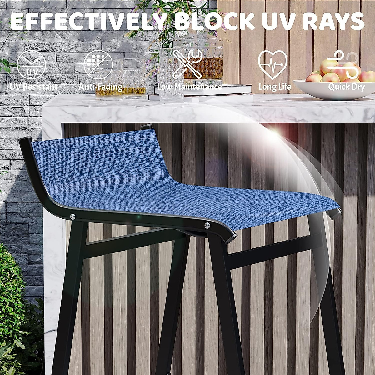 Sundale Outdoor Patio Metal Bar Stools Set of 2, Low Back Counter Height Tall Chairs, High Top Armless Pub Seat Barstools for Outside Porch Yard Deck Balcony, Modern Blue