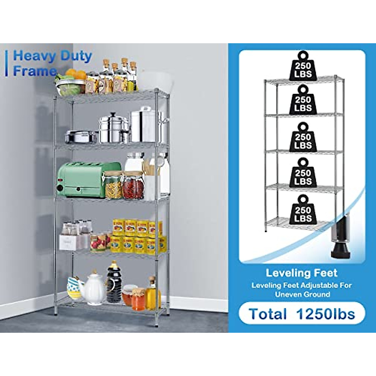 BIQWBIC 5 Tier Wire Shelving Unit Storage Rack, Metal Adjustable Storage Shelves for Bathroom Laundry Room, Wire Standing Storage Shelf Units, 36" Lx14 Wx72 H, 1250 Lbs Capacity, Chrome