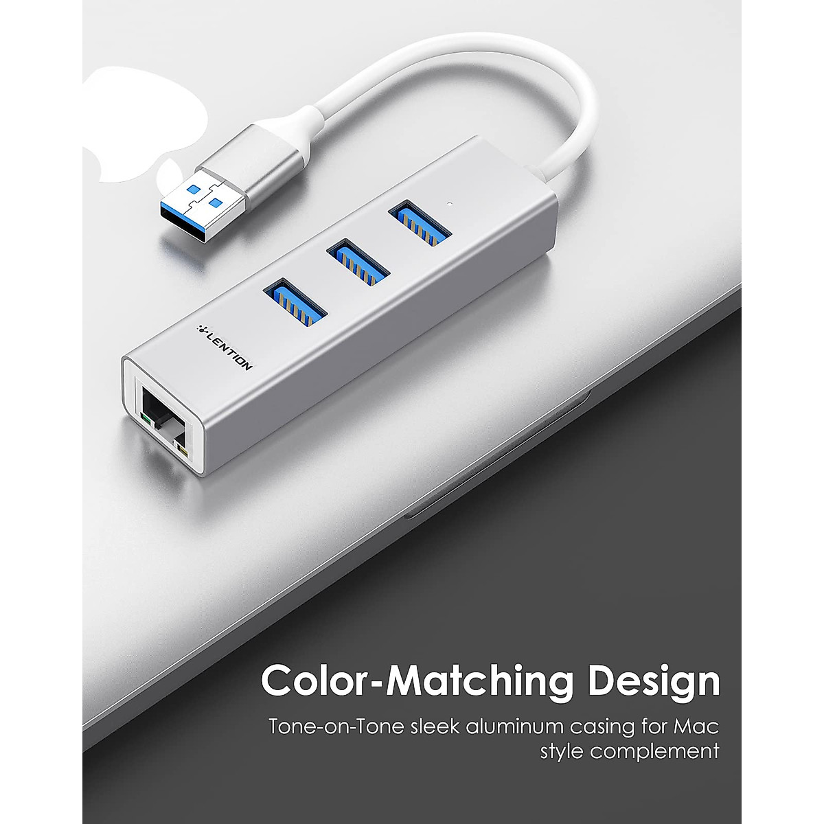 LENTION USB Hub to 3 USB 3.0 & Gigabit Ethernet LAN RJ45, Network Adapter Compatible MacBook Air/Pro (2009-2015), Surface, Chromebook, More Type A Devices, Stable Driver Certified(H23s, Silver)