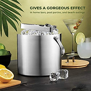 Double- Wall Stainless Steel Insulated Ice Bucket With Lid and Ice Tong - [3 Liter] Modern Bamboo Lid With Built-In Tongs- Comfortable Carry Handle- Great for Home Bar, Chilling Beer Champagne