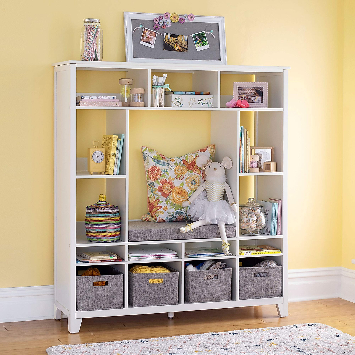 Martha Stewart Kids' Storage System - Creamy White: Wood Bookshelf Cubby with Seat Cushion, Shelves and Storage Bins; Reading Nook Bookcase and Kids Room Storage Bench