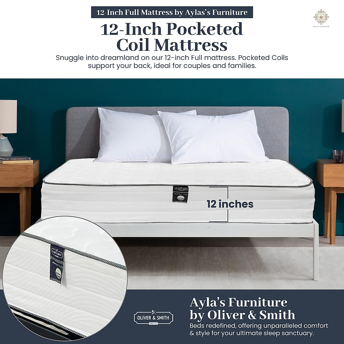 Aylas Furniture Full Size Mattress - 12 Inch Cool Memory Foam & Spring Hybrid Mattress with Breathable Cover - Tight Top - Rolled in a Box by Oliver & Smith