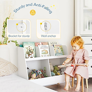 Curipeer Kids Bookshelf and Toy Organizer, 5 Cubbies Wooden Open Bookcase, 2-Tier Baby Storage Display with Legs, Free Standing Bookshelf for Playing Room, Bedroom, Nursery, Classroom, White