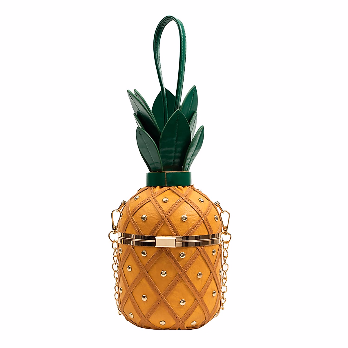 OXYPLAY 3D Pineapple Bucket Purse for Women,Trendy Chain Messenger Crossbody Bag with Rivet， Tropical Hawaiian Party Shoulder Handbag (Yellow)