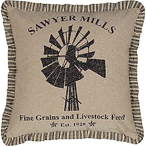 VHC Brands Farmhouse Pillows & Throws-Sawyer Mill Tan 18" x 18" Pillow, 18x18, Windmill Charcoal