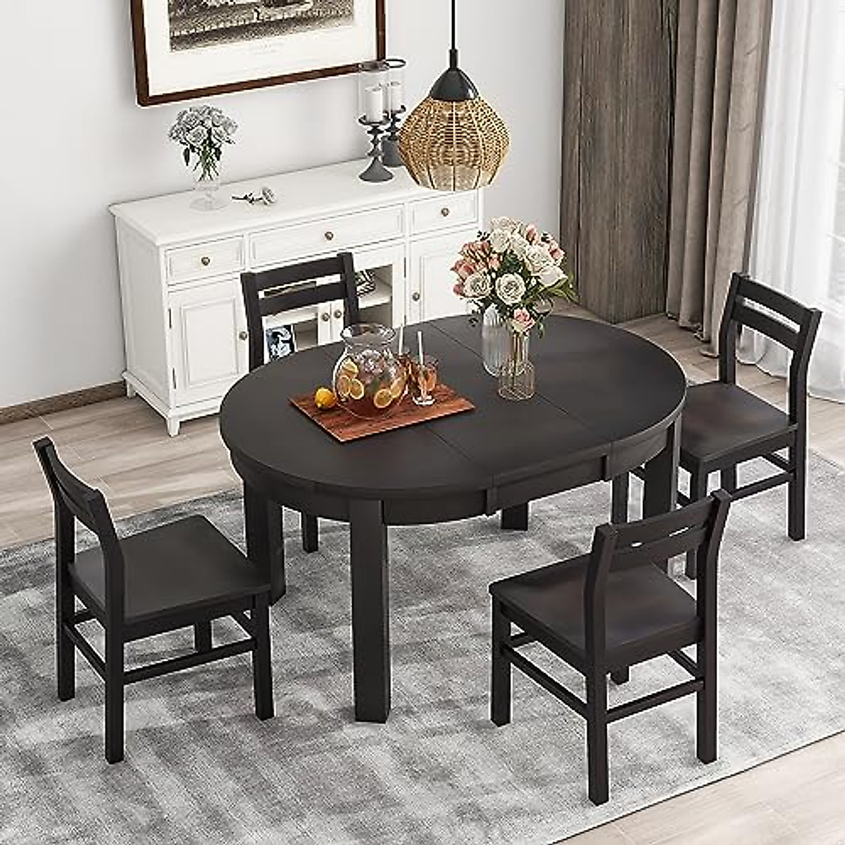 Bellemave 5 Piece Round Dining Table Set for 4 Wood Extendable Kitchen Table Set with Storage Drawers Farmhouse Dining Room Table and Chairs, 16" Removable Leaf, Espresso