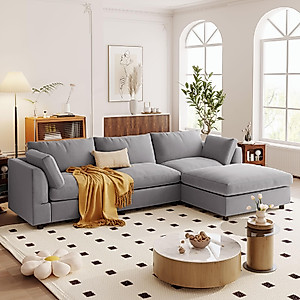 JURMALYN 113" Modern Sectional Sofa Couch for Living Room L-Shape Sofa Couch with Ottoman, Upholstered 4-Seat Sofa Couch Fabric Couch Set for Apartment Office Grey