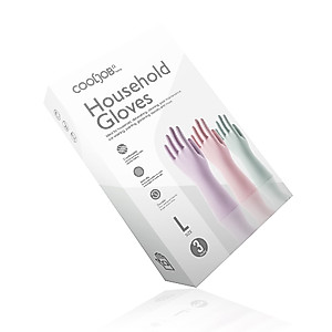 COOLJOB 3 Pairs Colorful Household Gloves with Cotton Liner & Non-slip Grip, Water Resistant Reusable Dish Washing Rubber Gloves for Kitchen & Bathroom Cleaning, Large