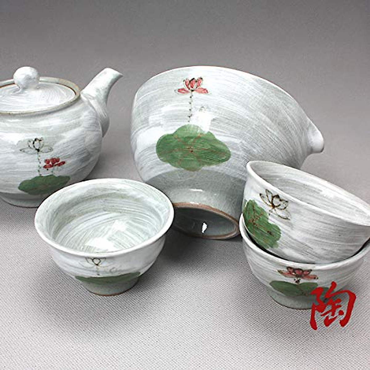 Korean Style Buncheong Porcelain Lotus Flower Tea Ceremony Complete Service Gift Set Ceramic Pottery 11.8 oz (350ml) Side Handle Tea Pot Cups Saucers Teapot Pitcher Bowl for Cooling Hot Water