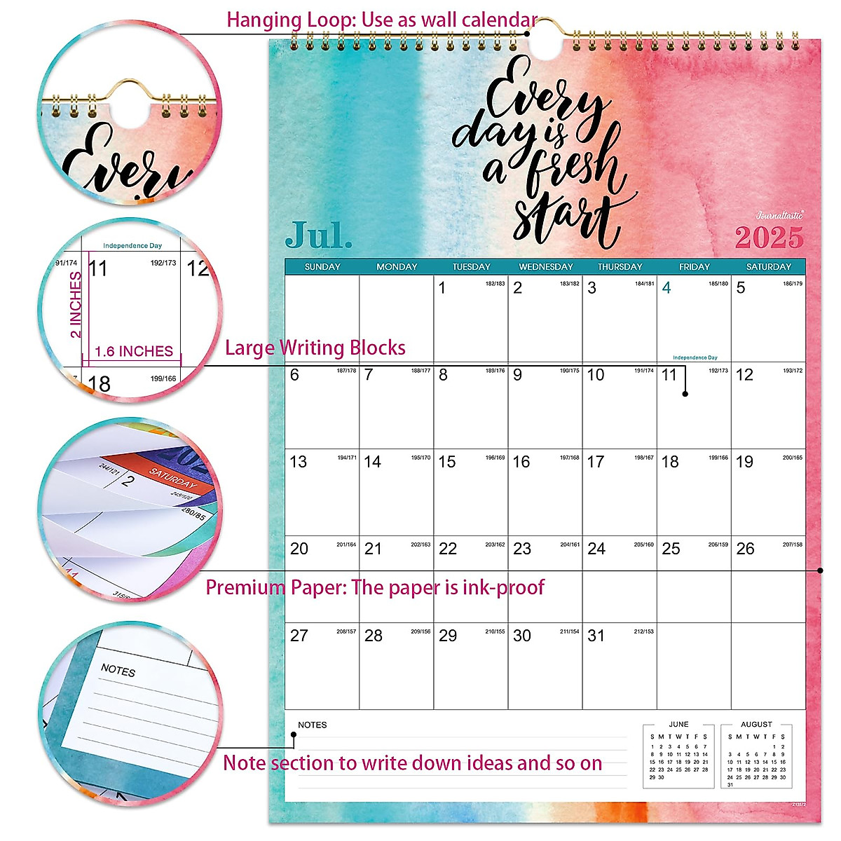 Calendar 2025-2026 - Wall Calendar 2025-2026, July 2025 - December 2026, 18 Monthly with Thick Paper, 12" x 17", Large Blocks with Julian Dates, Twin-Wire Binding, Hanging Hole
