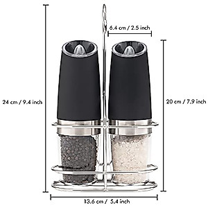 Gravity Electric Salt and Pepper Grinder Mill [Set of 2] with Blue LED Light. Flip to Grind. One Hand Operation, Adjustable Coarseness. Includes Stand, Spoon and Brush. Automatic Battery Powered