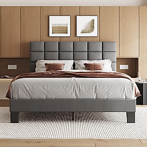 Lifezone Queen Bed Frame with Headboard Upholstered Bed Frame with Linen Tufted Headboard,Wood Slats Support,No Boxing Needed,Heavy Duty Feet,Easy Assembly,Light Grey