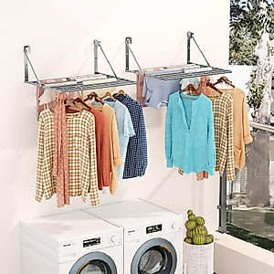 Bigzzia Wall Mounted Clothes Drying Rack, 24Inch Foldable Stainless Steel Drying Rack Clothing, 50 LB Capacity, Space Saver Laundry Rack with 8 Hanging Rods -Silver