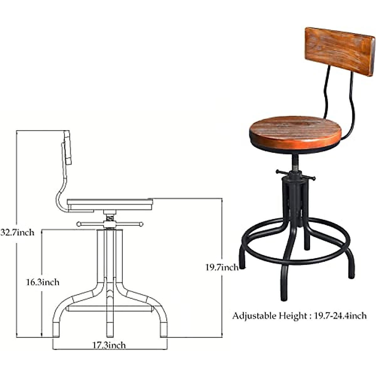 Topower Three-Piece Bar Table and Chair Set Height Adjustable Pub Table and Industrial Dining Breakfast Chair Metal Bar Stool with Wood Backrest Black (1 Table + 2 Chairs)