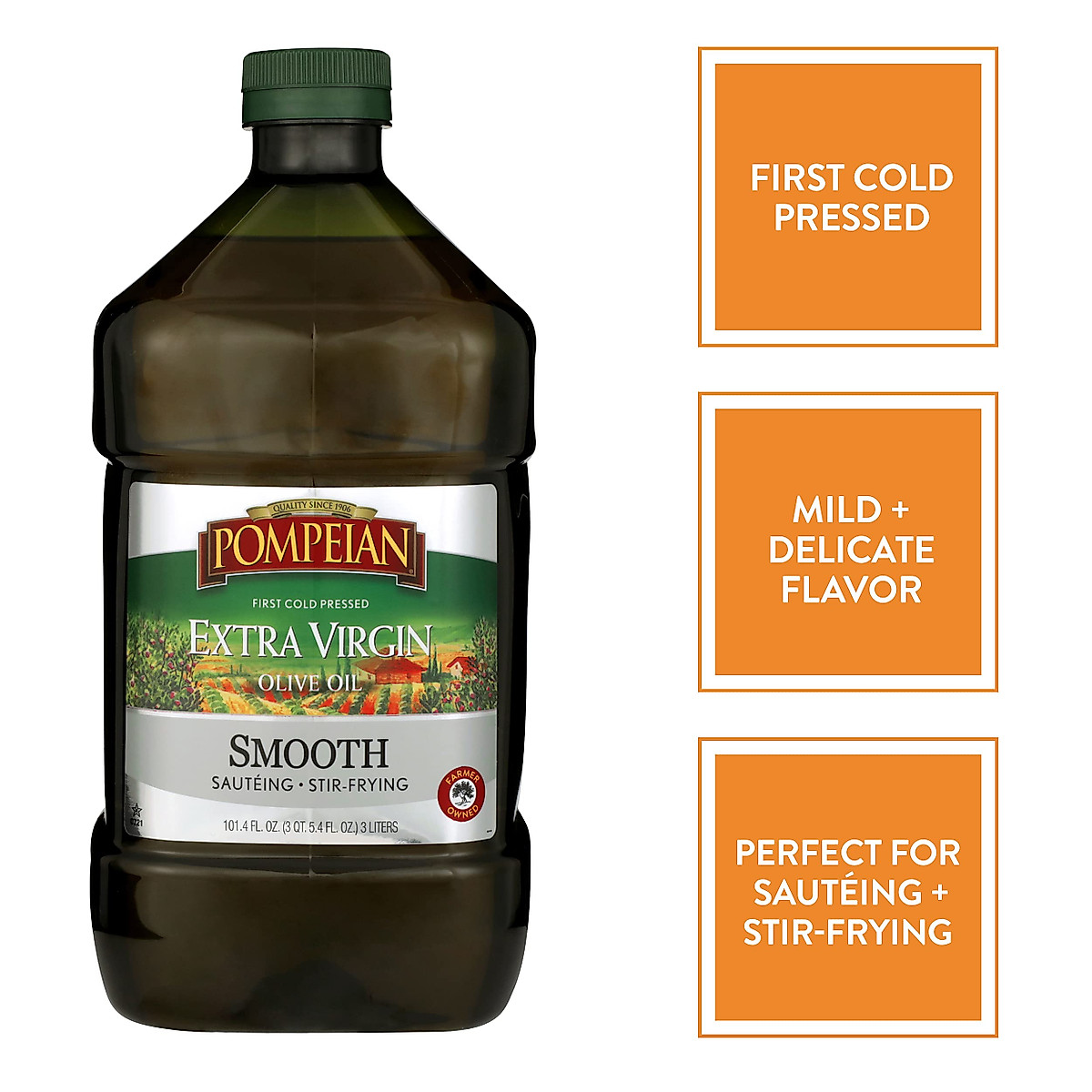 Pompeian Smooth Extra Virgin Olive Oil, Contains Polyphenols, First Cold Pressed, Mild & Delicate Flavor, Perfect for Sauteing & Stir-Frying, Naturally Gluten-Free, Non-GMO, 101 Fl Oz, Single Bottle