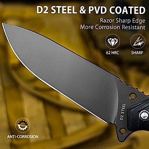 LOTHAR BAT Survival Knife with Fire Starter, Full Tang D2 Steel Fixed Blade Knife with G10 Handle, Tactical Hunting Knives with Kydex Sheath, Camping Knife, Bushcraft Knife, Gifts For Men