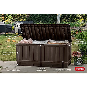 Keter Kentwood 90 Gallon Resin Deck Box-Organization and Storage for Patio Furniture Outdoor Cushions, Throw Pillows, Garden Tools and Pool Toys, Brown