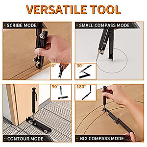 Newisdomake Multi-Function Scribing Tool, Construction Aluminum Alloy Scribe Tool with Deep Hole Pencil for DIY Woodworking, Compass Contour Gauge, Floor Corner Line Maker