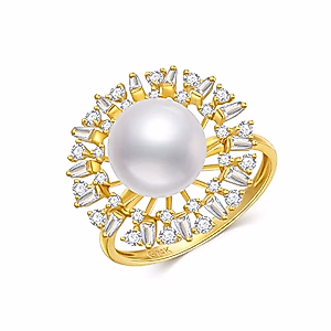 14K Solid Gold 9MM Freshwater Cultured Pearl Ring for Women,Yellow Gold 5A CZ Flower Engagement Ring/Wedding Band/Wedding Anniversary Birthday Gifts for Her,Size 5-11 (Style-1, 6)