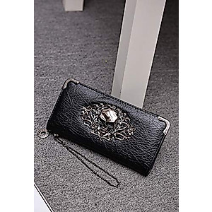 HOYOFO Skull Wallets for Women Zip Around Clutch with Credit Card Holder Phone Case Leather Long Goth Wallet Purse with Wristlet, Black