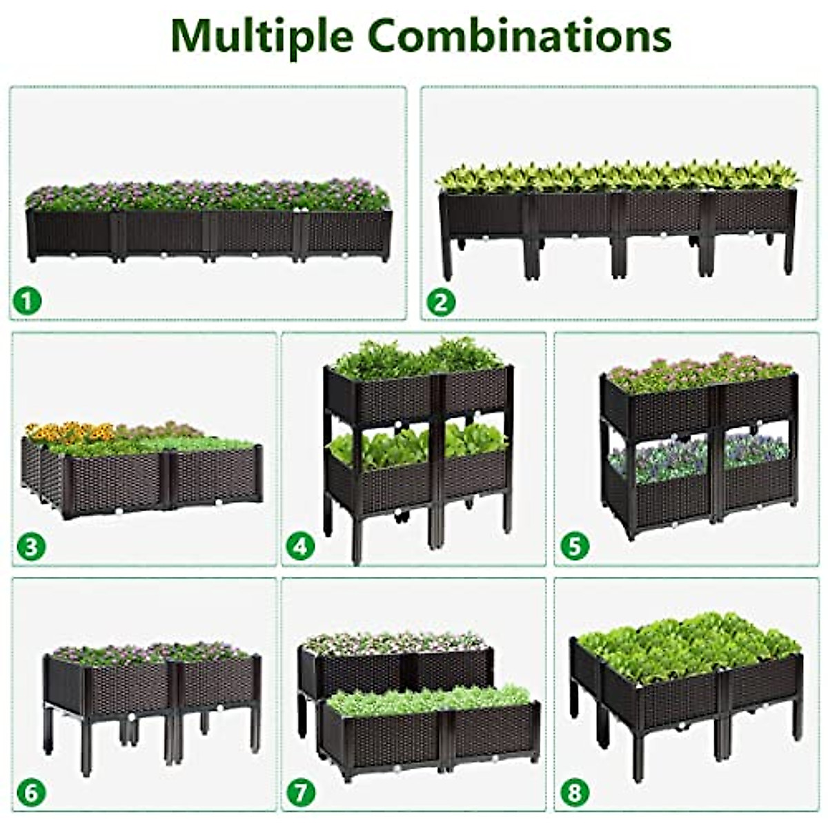 Renatone Set of 4 Raised Garden Beds Outdoor, Planter Box with Self-Watering Design, Drain Holes, Plastic Raised Garden Bed with Legs for Patio Yard Gardening, Grow Vegetables, Flowers, Herbs(Brown)