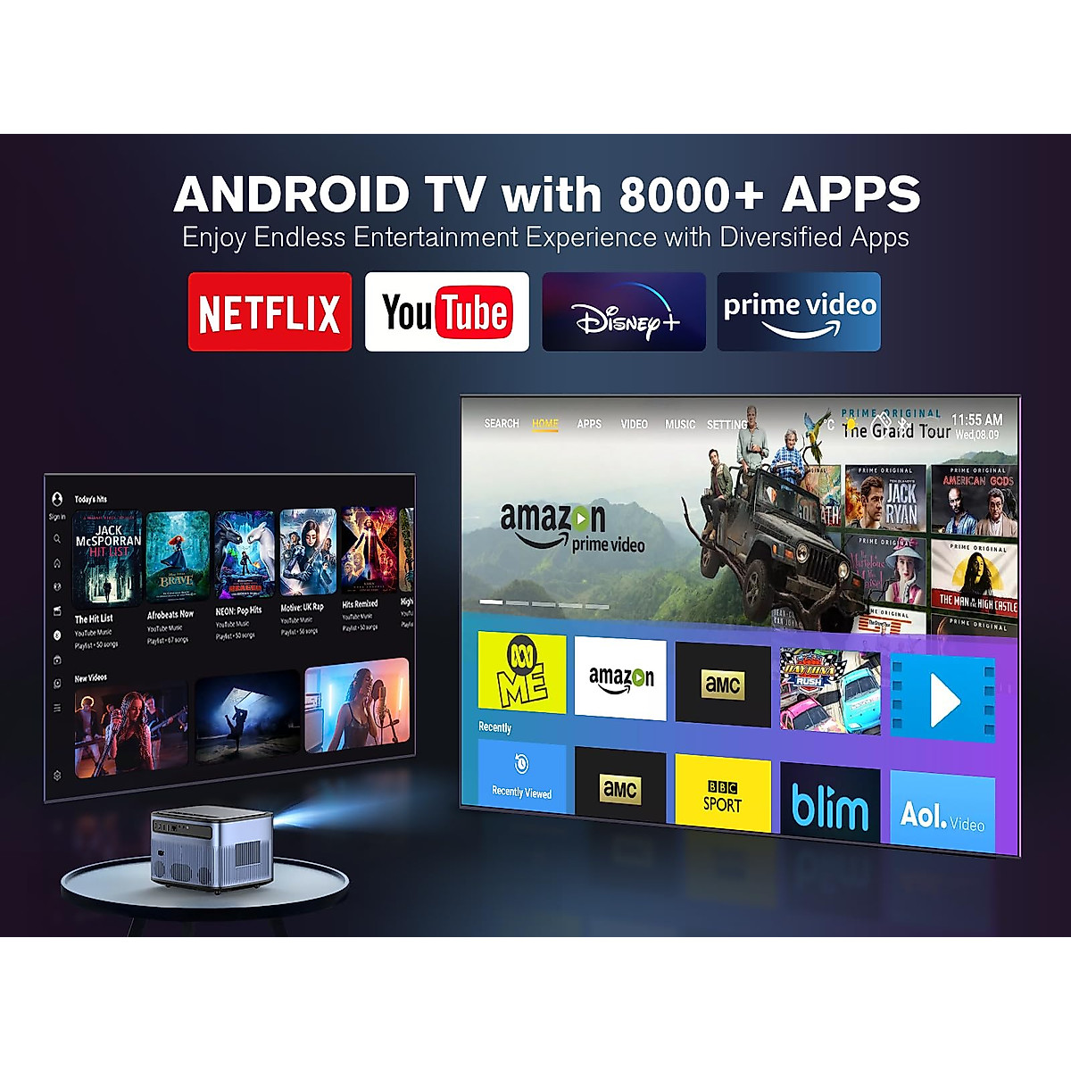 Android TV Projector 1920 x 1080P with Netflix Built in, VIZONY 800ANSI 5G WiFi Bluetooth Outdoor Projector, FHD Home Movie Projector with 4P4D/Zoom/PPT Compatible Phone/Laptop, 8000+ Apps