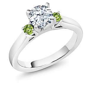 Gem Stone King 925 Sterling Silver White Zirconia and Green Peridot 3-Stone Engagement Ring For Women (1.74 Cttw, Round 6MM, Gemstone Birthstone, Size 6)