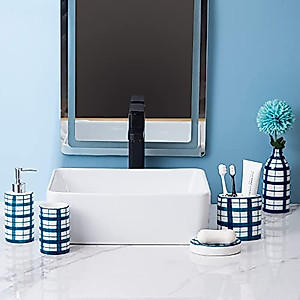 Ceramic Bathroom Accessories Set, Bath Vanity Countertop Blue Plaid Accessory Sets Complete, with Soap/Lotion Dispenser, Toothbrush Holder, Tumbler, Soap Holder